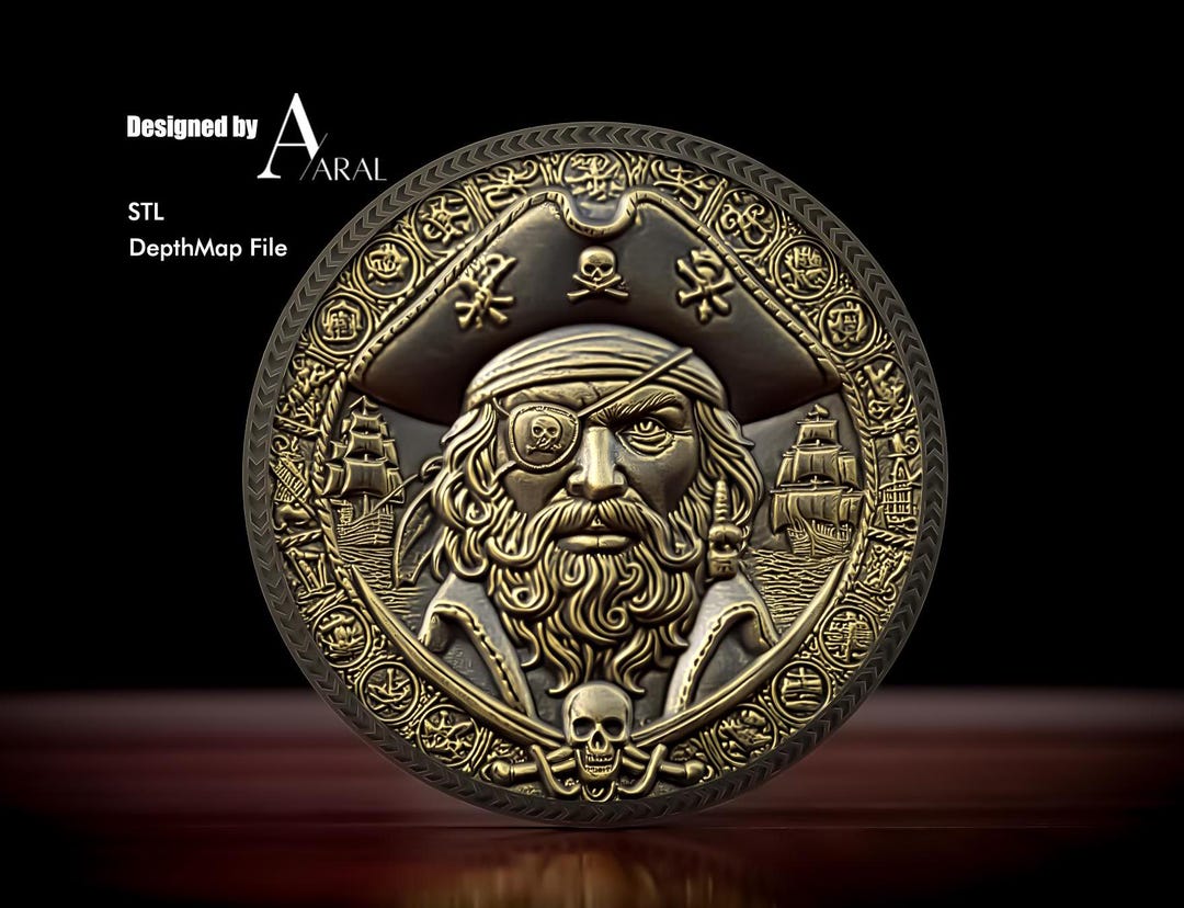 Pirate 3D Engraving Coin Design - Depthmap - STL - Engraving Design for ...