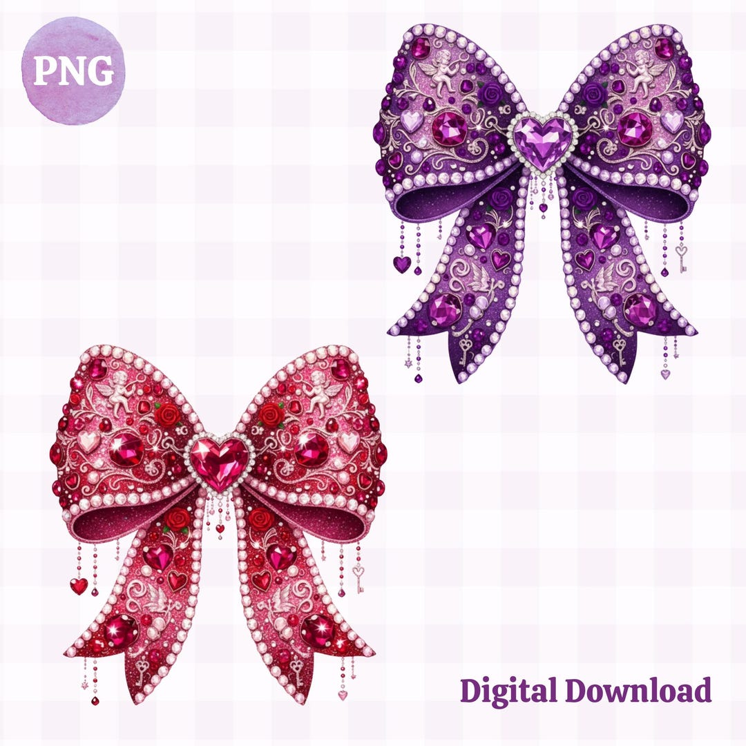 Valentine Bow PNG Bundle, Jewel Heart Bow Clipart, Romantic Bow Digital ...