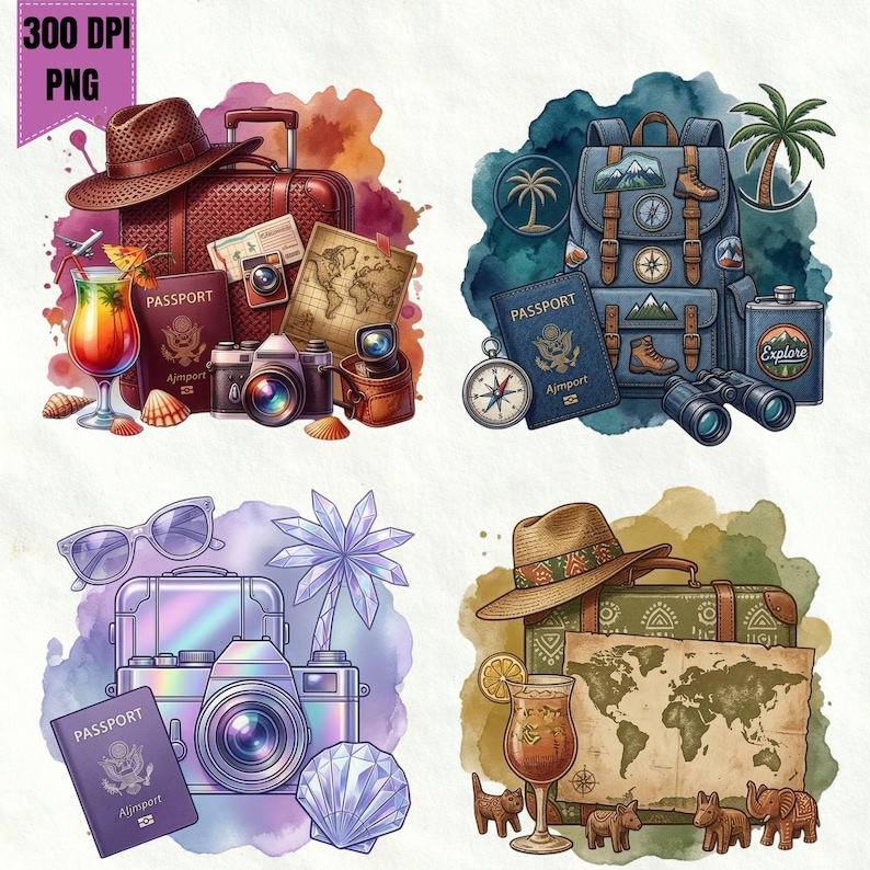 Travel Adventure PNG Bundle, Vintage Suitcase and Backpack Sublimation ...
