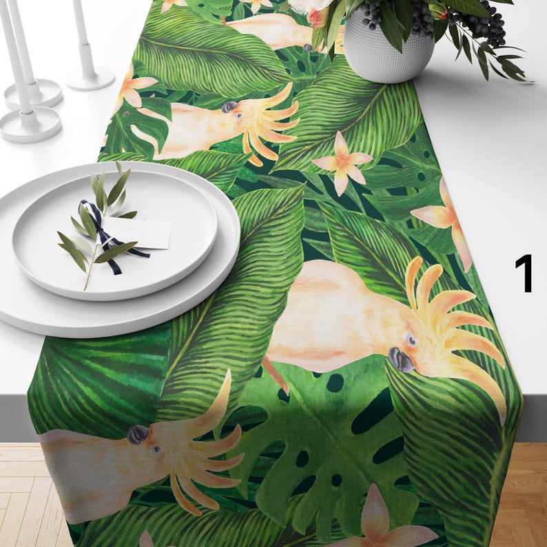 Tropical Cockatoo Table Runners, Jungle Leaf Table Runner, Floral Table ...