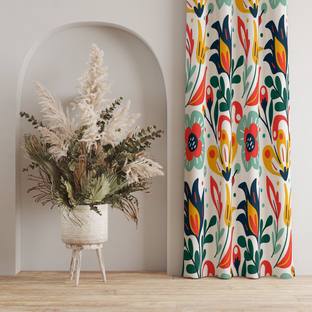 Vibrant Floral Curtains, Colorful Folk Art Curtains, Bold Floral ...