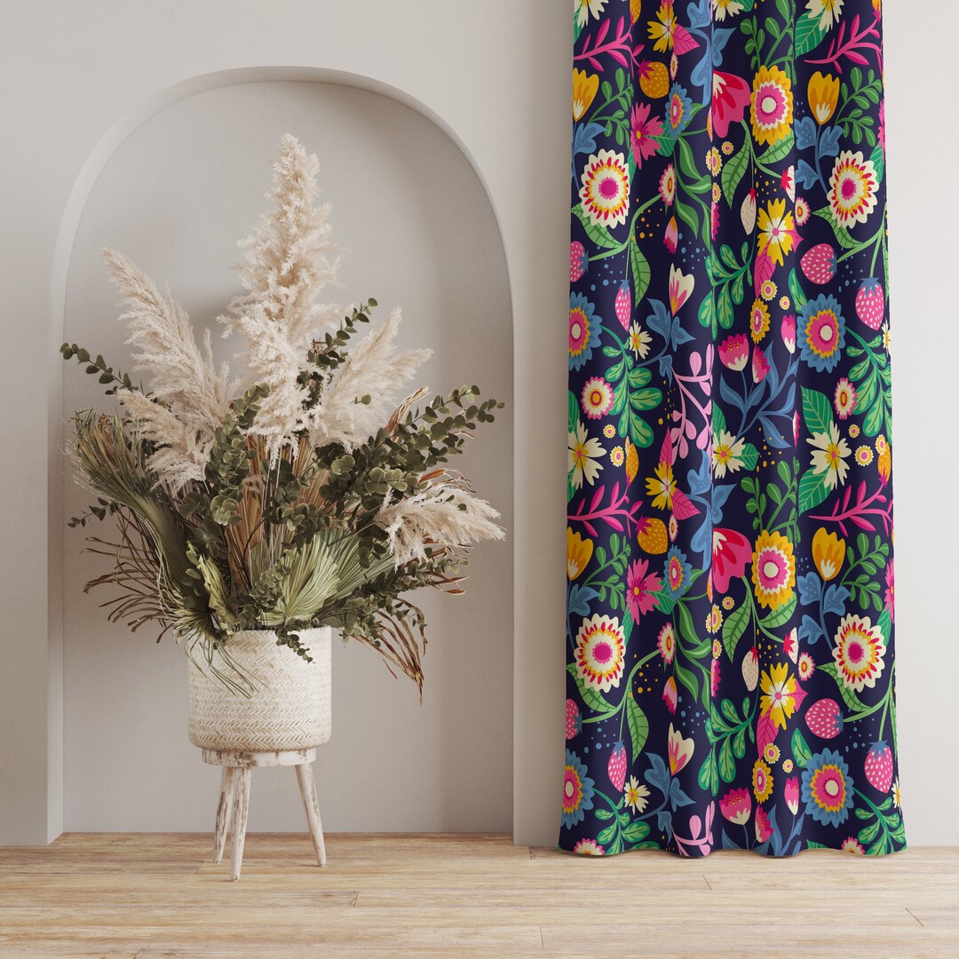 Vibrant Floral Curtain, Navy Blue Background Curtain Panel, Curtain ...
