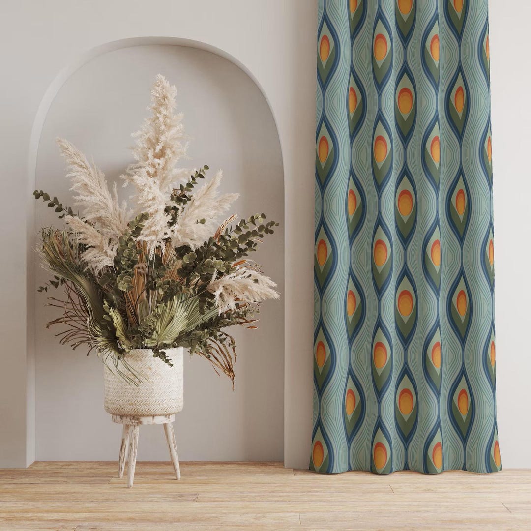 Peacock Feather Curtains, Mid-century Modern Curtains, Geometric Teal ...