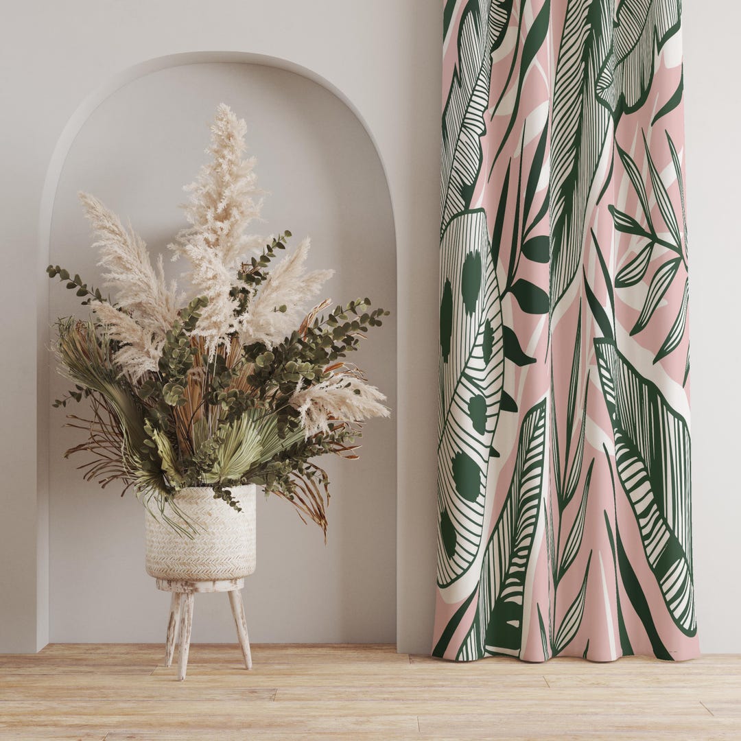 Pink Tropical Leaf Curtain, Modern Botanical Curtain Panel, Green Leaf ...