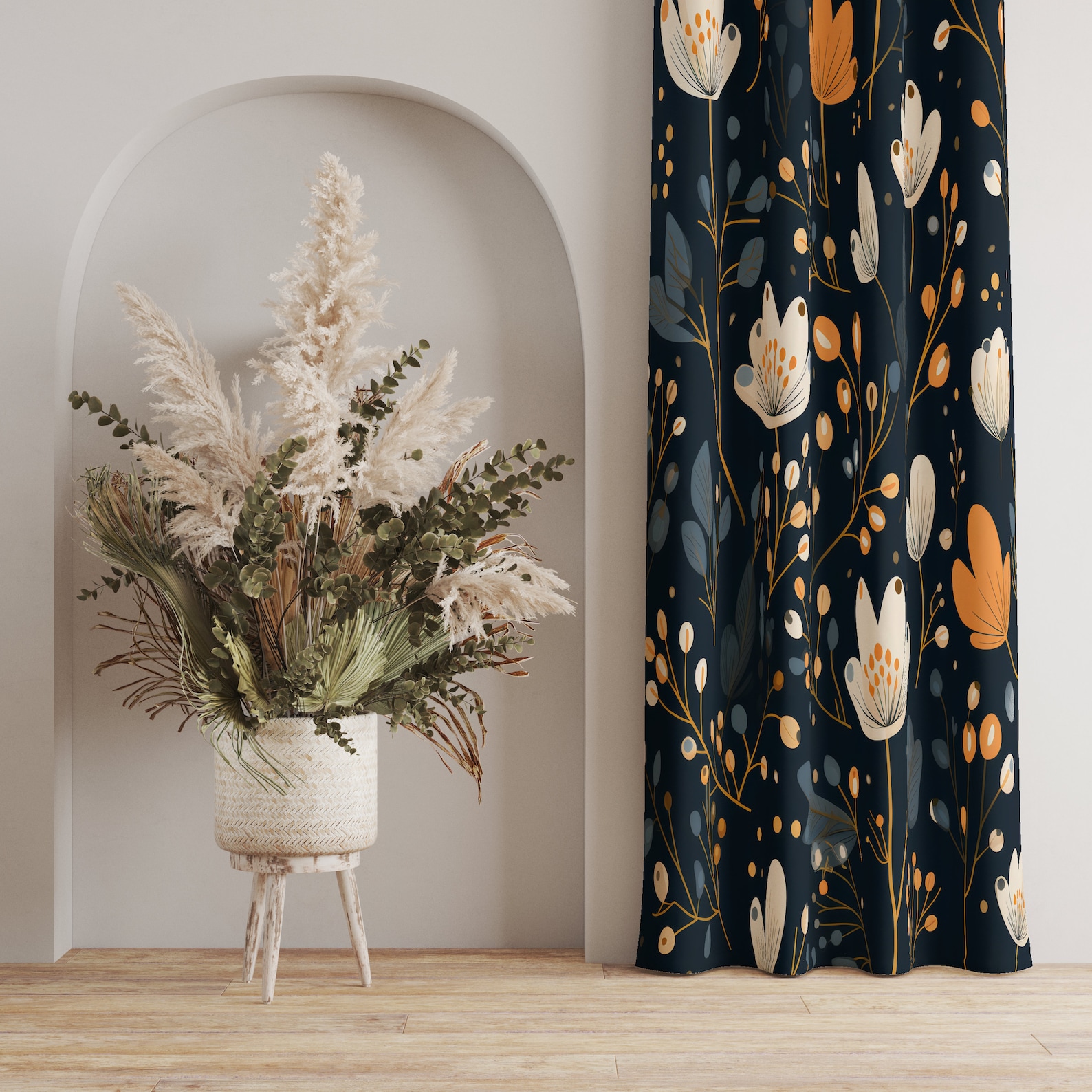 Navy Blue Floral Curtains, Elegant Floral Pattern Curtains, Boho Floral ...