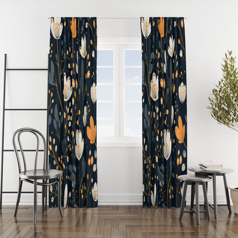 Navy Blue Floral Curtains, Elegant Floral Pattern Curtains, Boho Floral ...