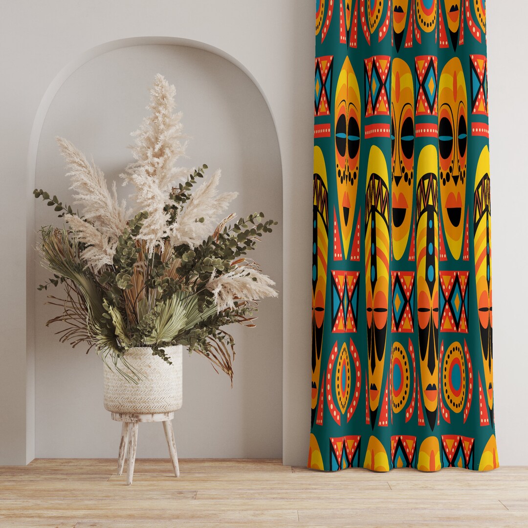 Vibrant African Tribal Mask Curtain, Boho Ethnic Pattern Drape ...