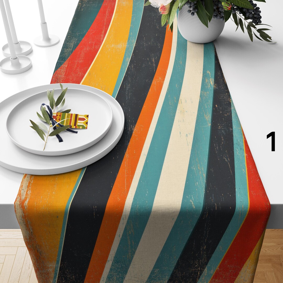 Retro Rainbow Stripe Table Runner, 70s Vibe Tablecloth, Groovy Rainbow ...