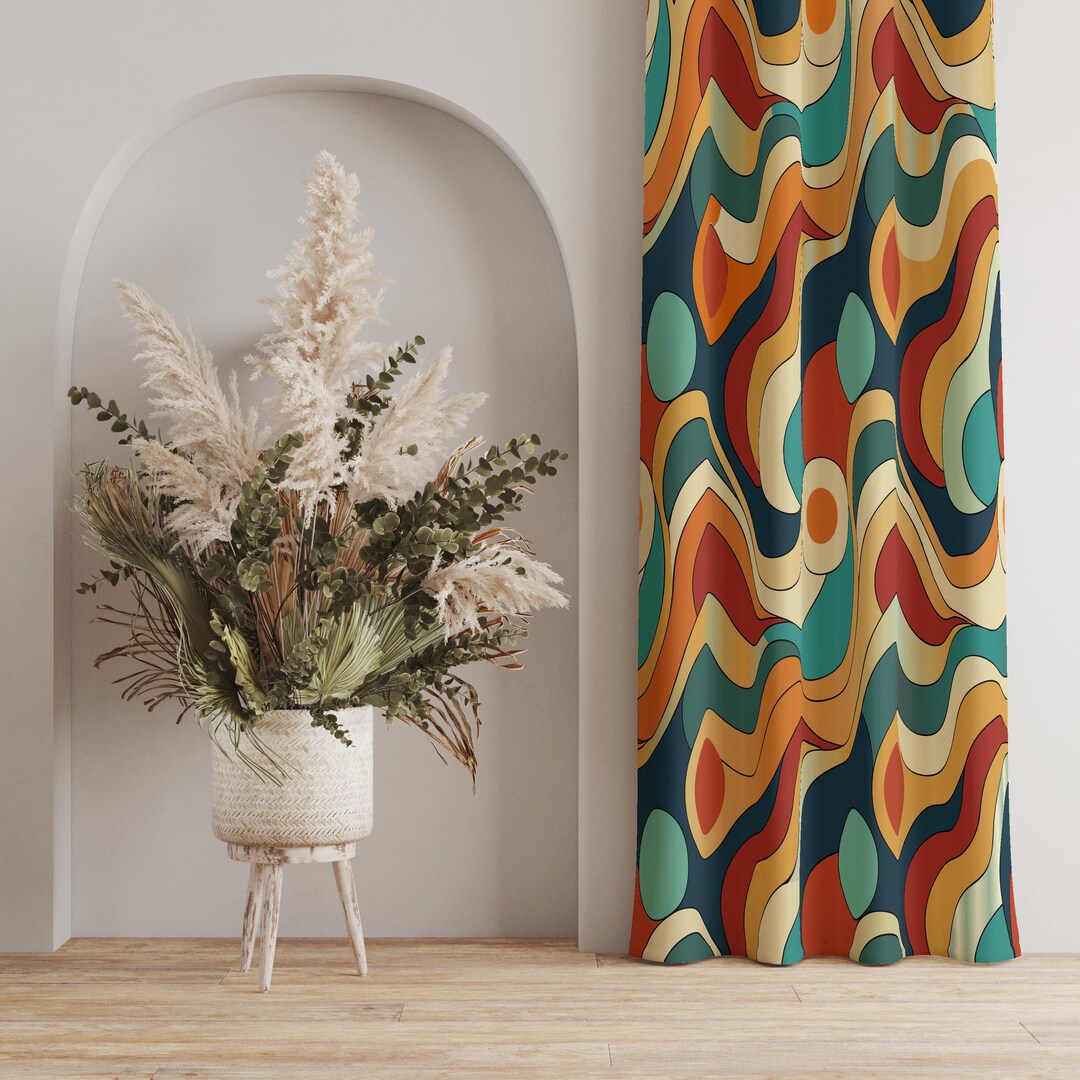 Retro Wavy Pattern Curtains, Psychedelic 70s Style Drapes, Abstract ...
