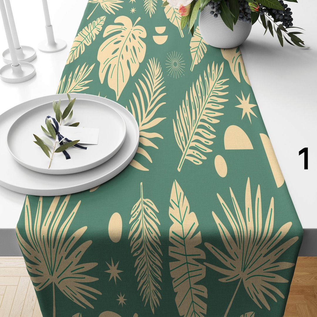 Botanical Table Runner, Green Plant Table Decor, Tropical Leaf Table ...