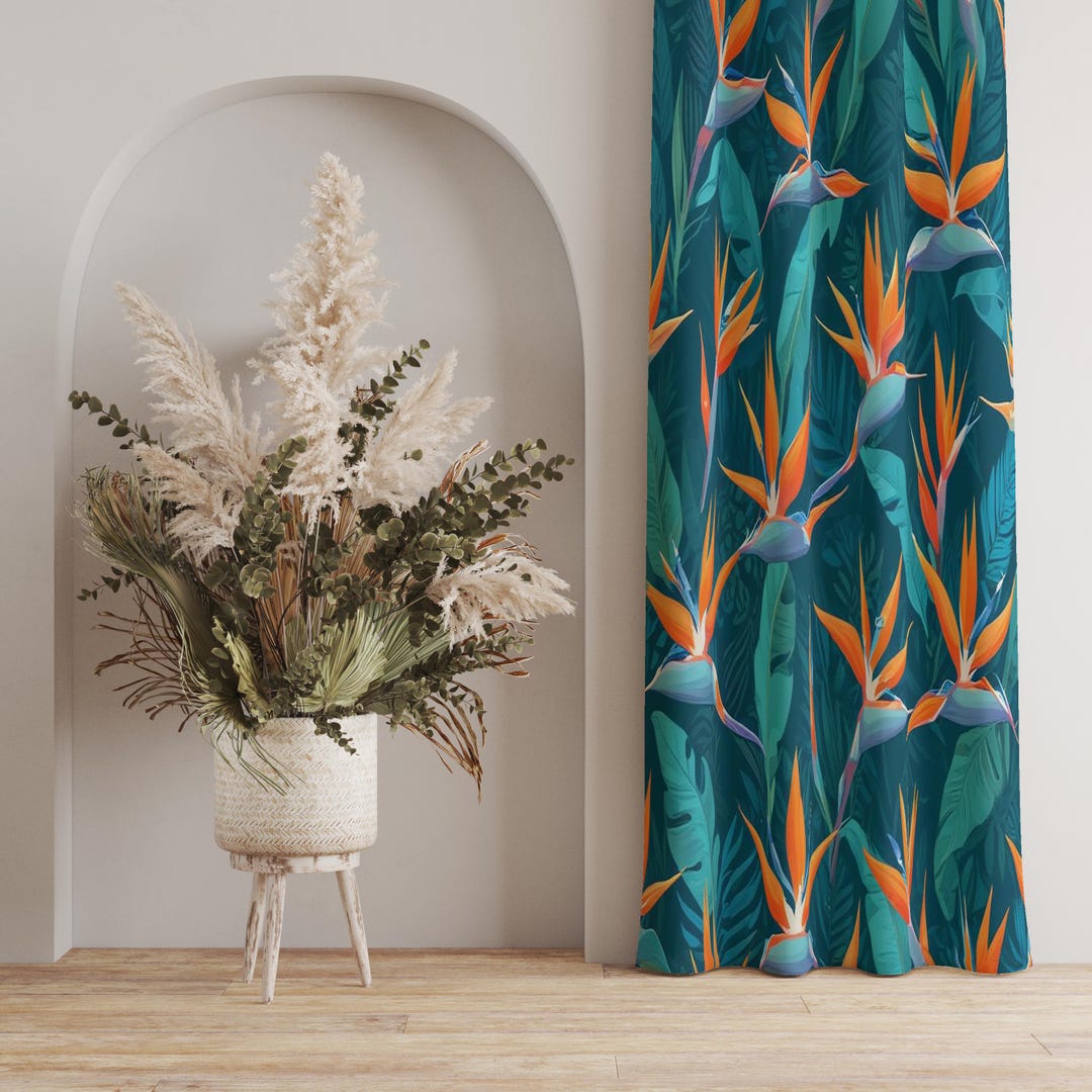 Tropical Bird of Paradise Curtains, Modern Jungle Leaf Pattern Curtains ...