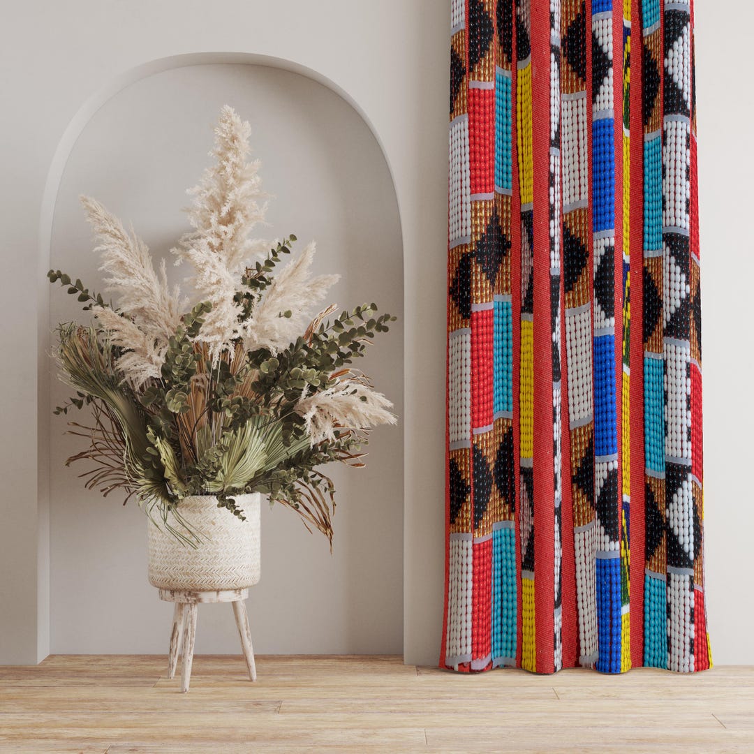 Vibrant Beaded African Tribal Curtain, Geometric Beaded Window Curtain ...