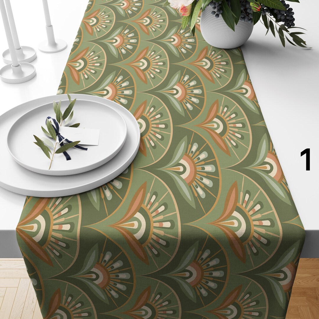 Boho Scallop Table Runner, Art Deco Inspired Tablecloth, Earthy Green ...