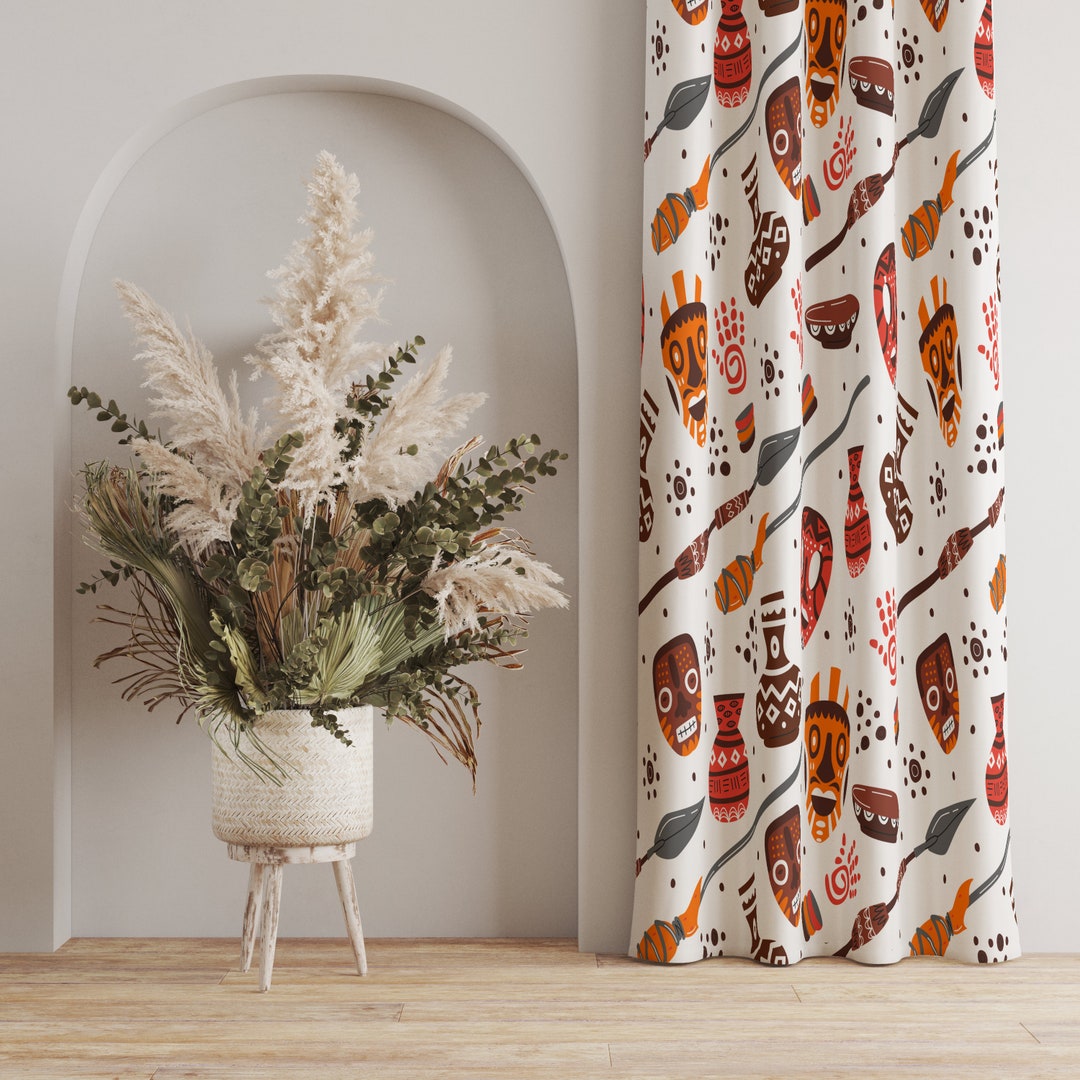 Tribal African Masks Curtain, Boho Ethnic Pattern Drape, Vibrant Tribal ...