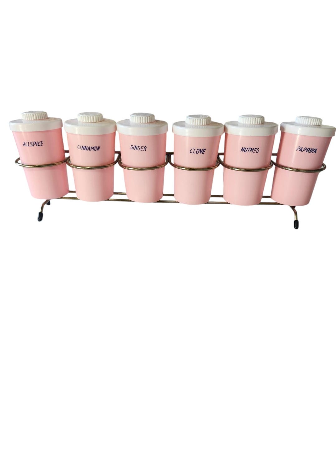 Vintage Mid-century Pink Spice Containers With Rack, Six Pink Plastic ...