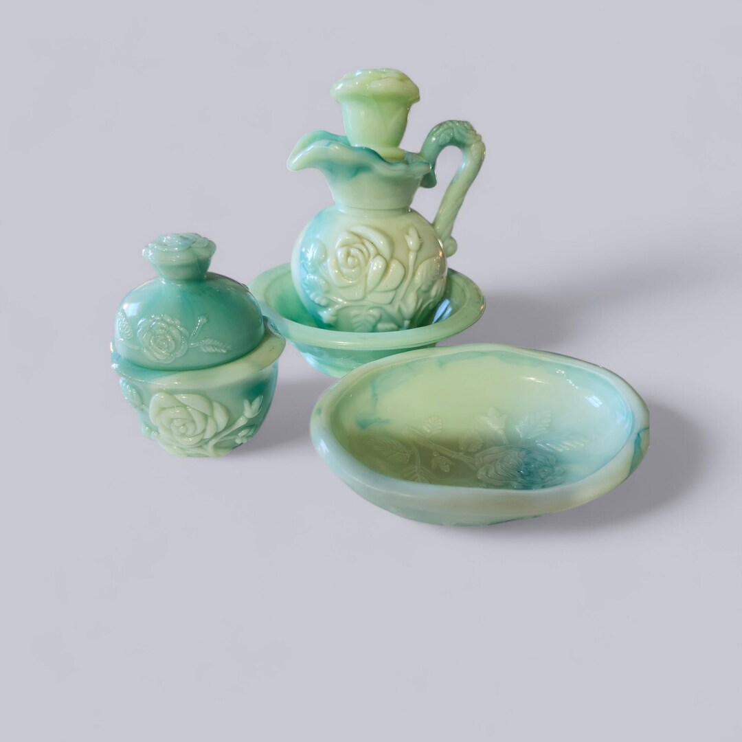 Vintage Jadeite Milk Glass, Slag Glass Pitcher, Powder Sachet, Soap ...