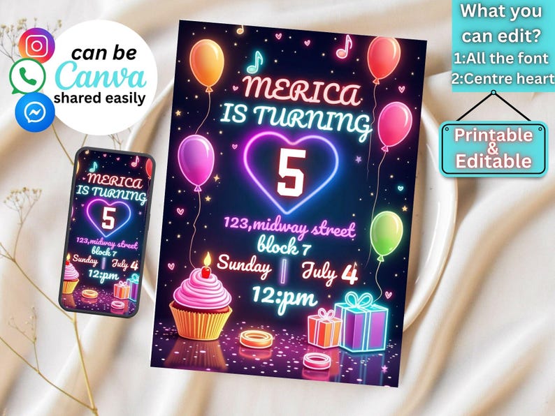Neon Glow Birthday Invitation: Editable Canva Template, Pop Star Party ...