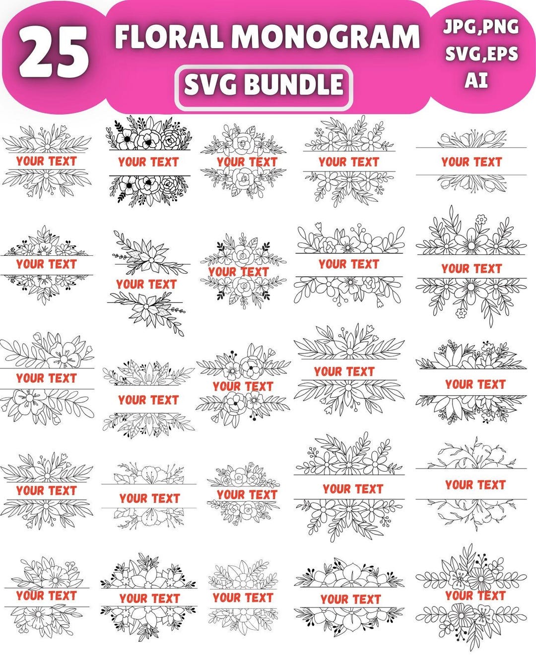 Floral Split Monogram SVG Bundle, Elegant Name Frames (svg, Png, Jpg ...