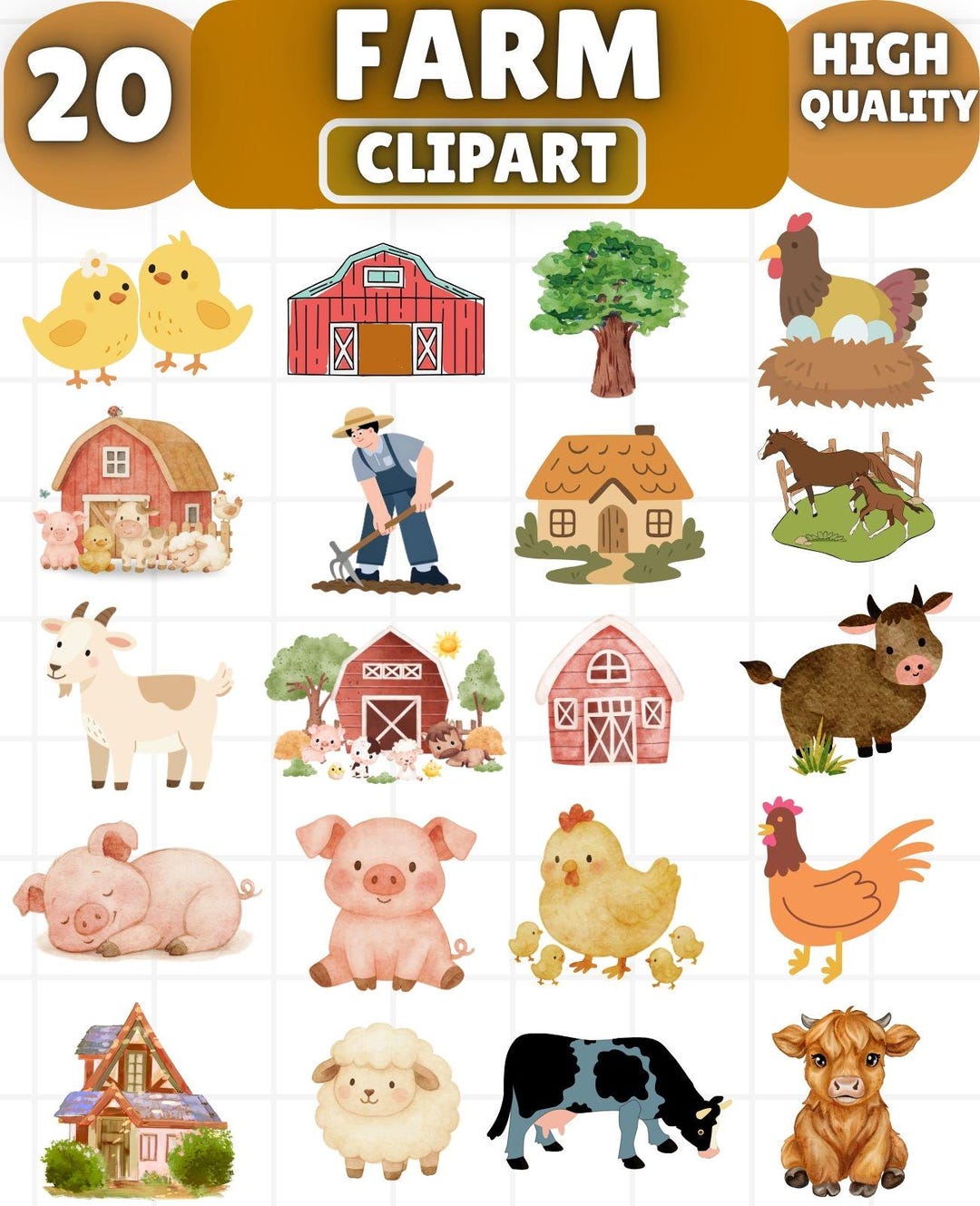 Watercolor Farm Animals Clipart Bundle, Barnyard Pngs, Baby Shower ...