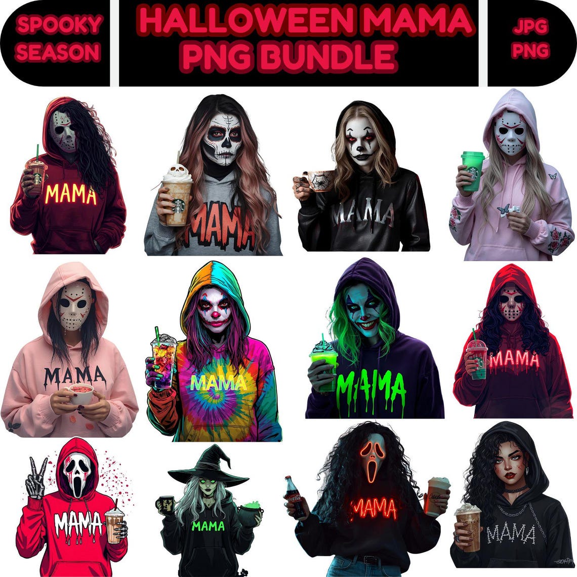 Spooky Mama Ghost Face PNG Bundle: Horror Halloween Clipart (digital ...
