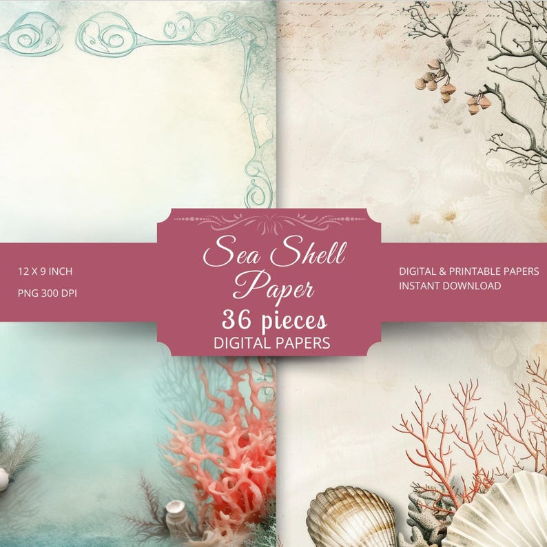 Whimsical Sea Shell Digital Paper for DIY Journals, Whimsical Printable ...
