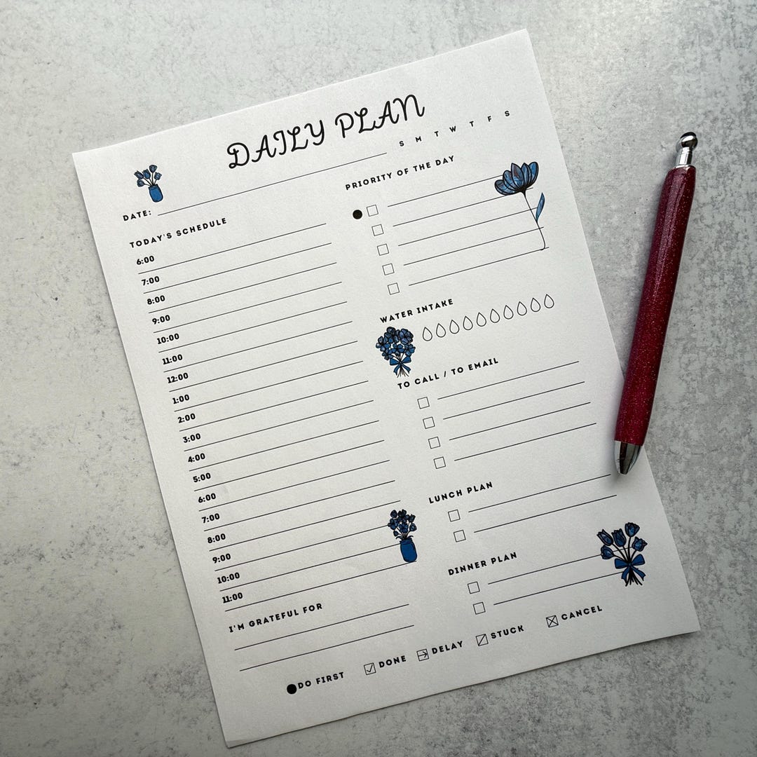 Simple Daily Planner Printable | Blue Floral Original Art Cute Planner ...