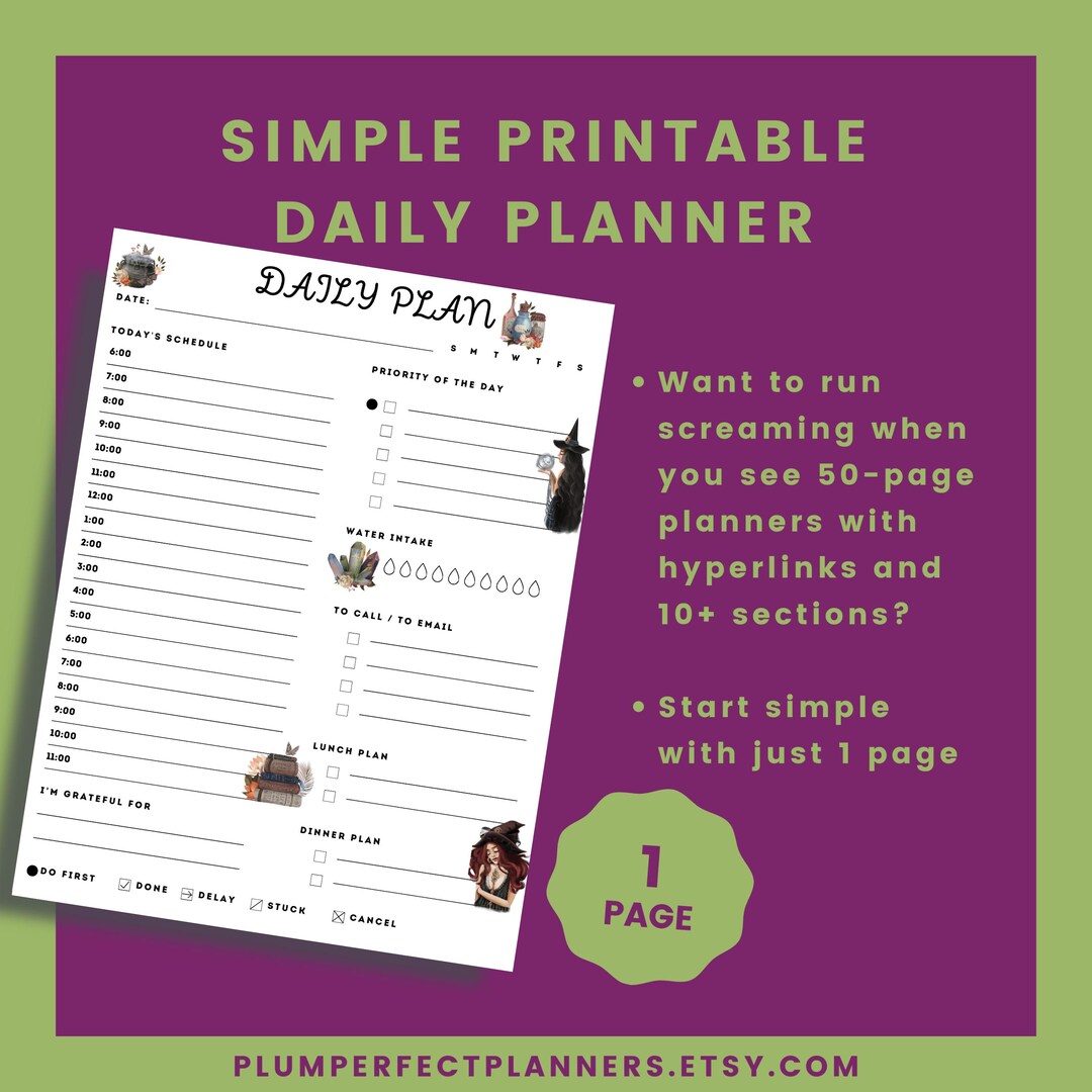 Simple Printable Daily One Page Planner in a Witchy Design. Minimalist ...