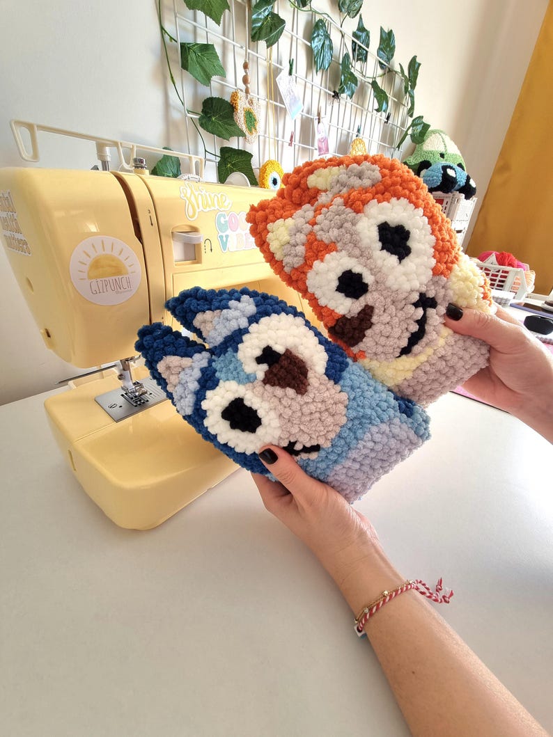 Handmade Punch Needle Bluey & Bingo Character Puff Pillows – Whimsical ...