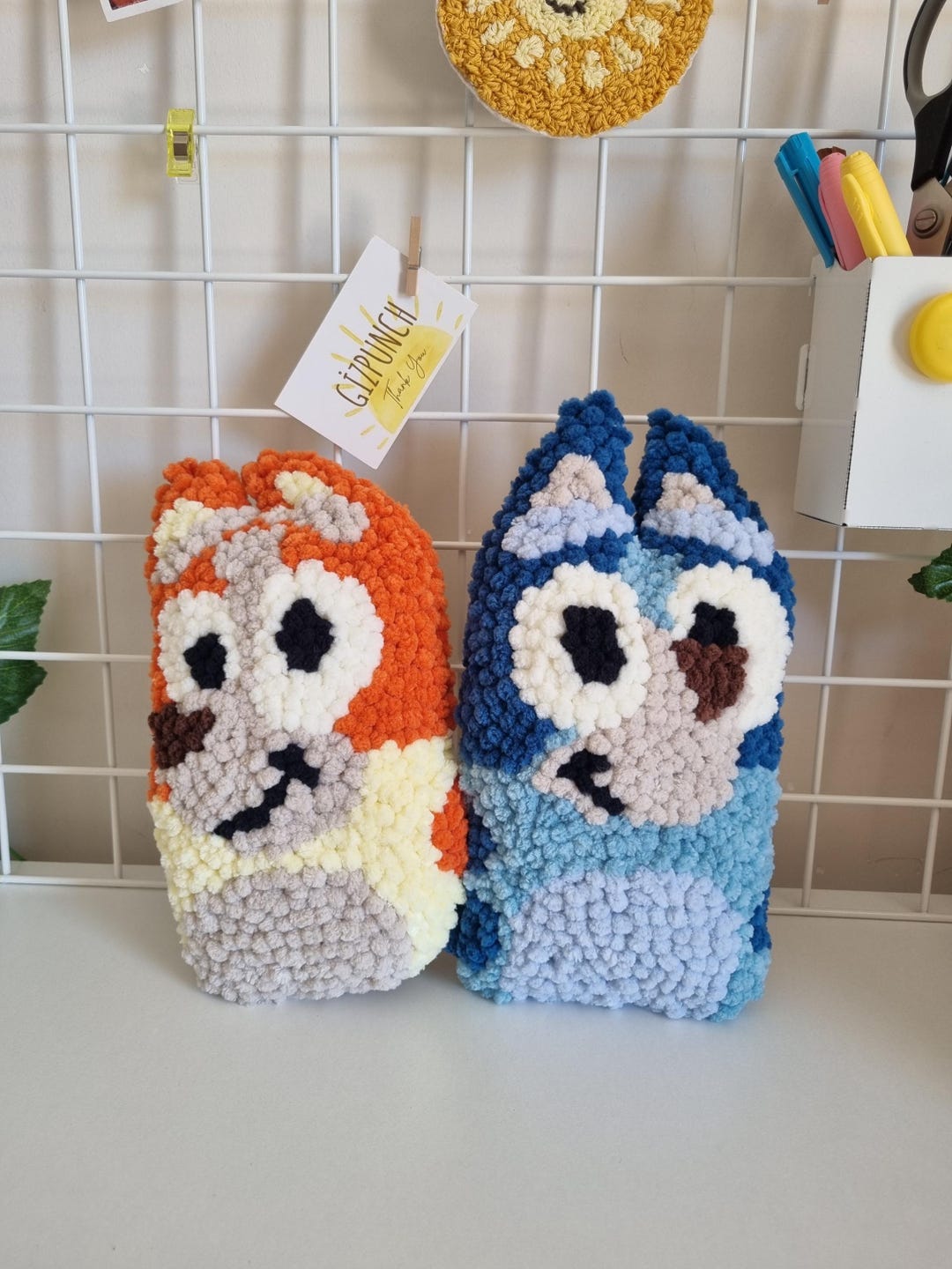 Handmade Punch Needle Bluey & Bingo Character Puff Pillows – Whimsical ...