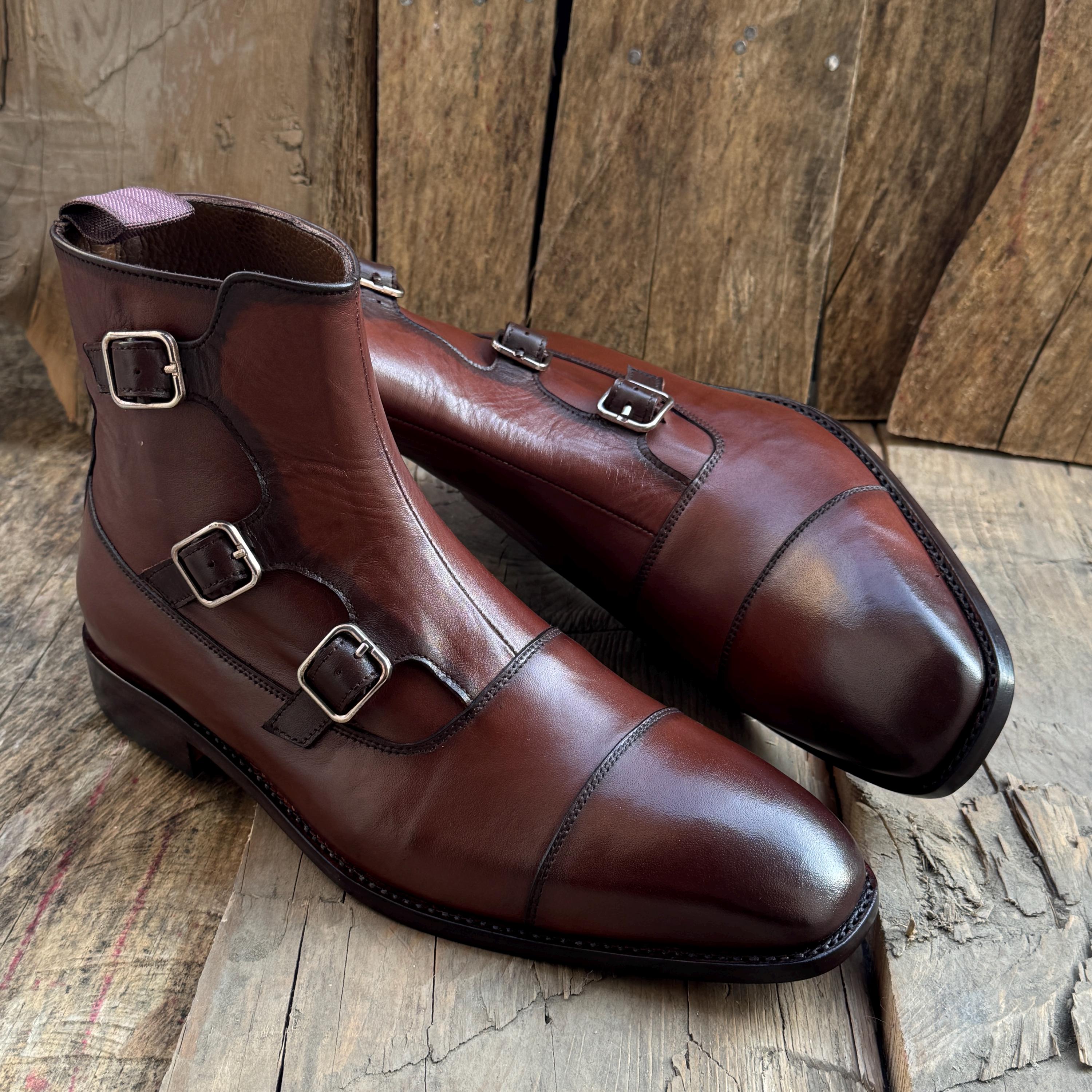 Handmade Brown Leather Triple Monk Strap Boots – Men's Luxury Cap-toe ...