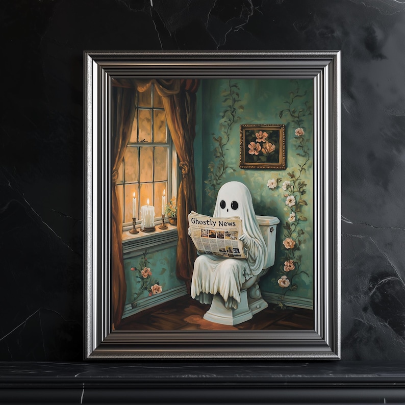 Ghost on Toilet Printable Halloween Wall Art Ghost in Bathroom Gothic ...