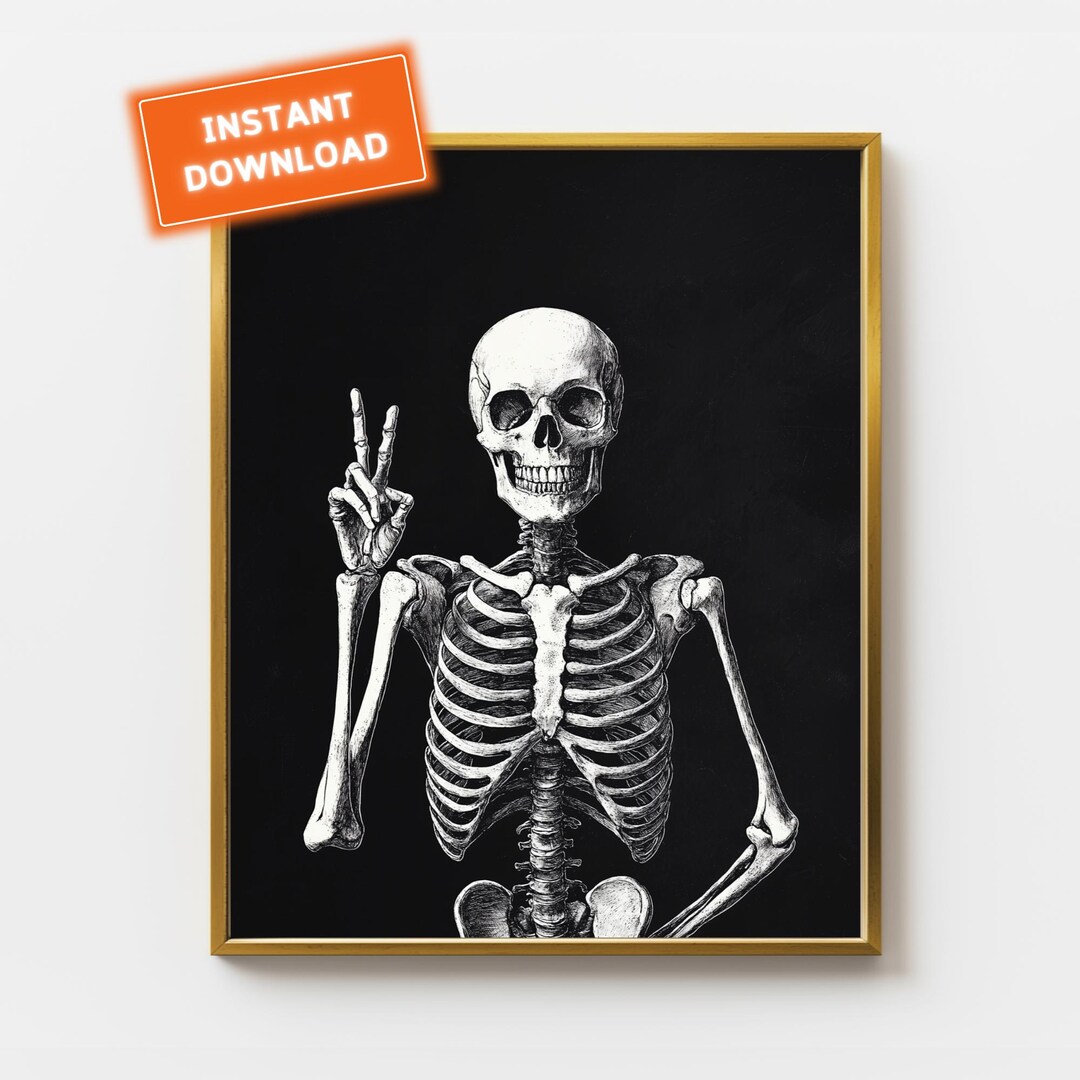Skeleton Print Halloween Printable Wall Art Skeleton Peace Sign Digital ...