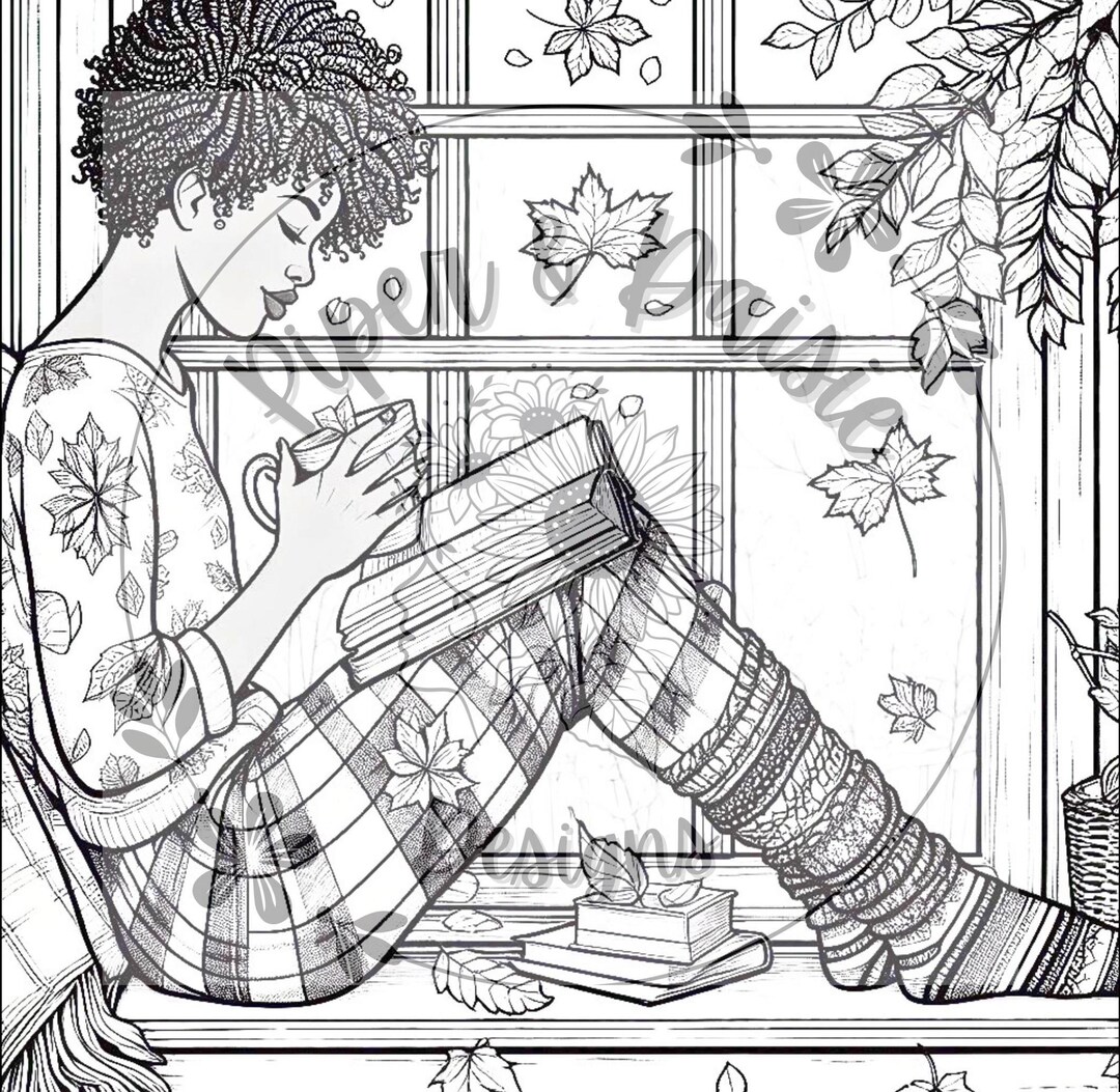 Women of Color Adult Coloring Page Autumn Fall Relaxing Stress Reliever ...