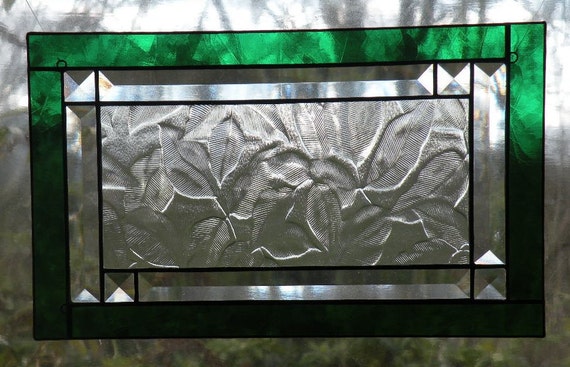 Stained Glass Panel Dark Green And Leaf Patterned Clear With Etsy