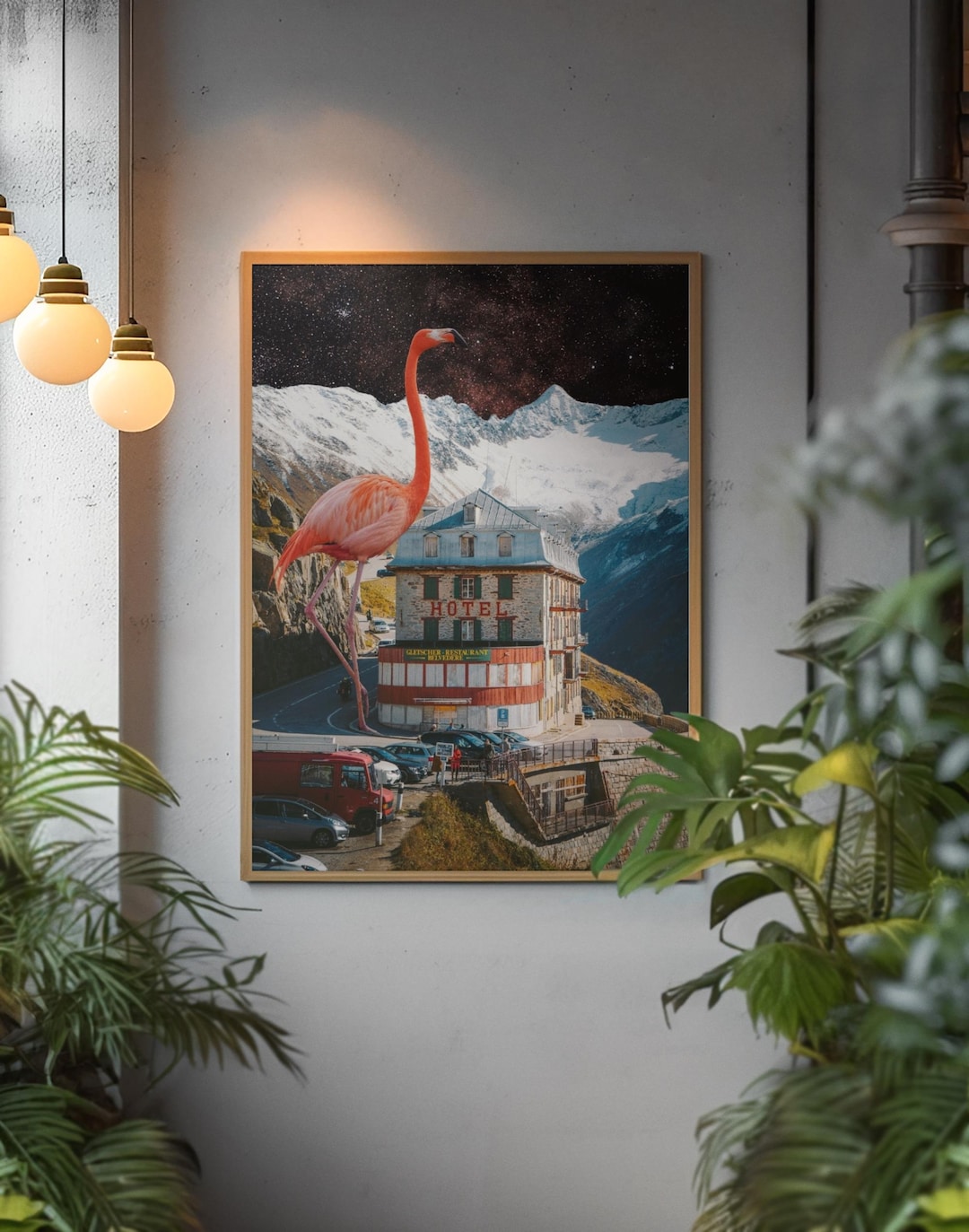 Surreal Flamingo Hotel Collage Art – Absurd Wall Art for Unique ...