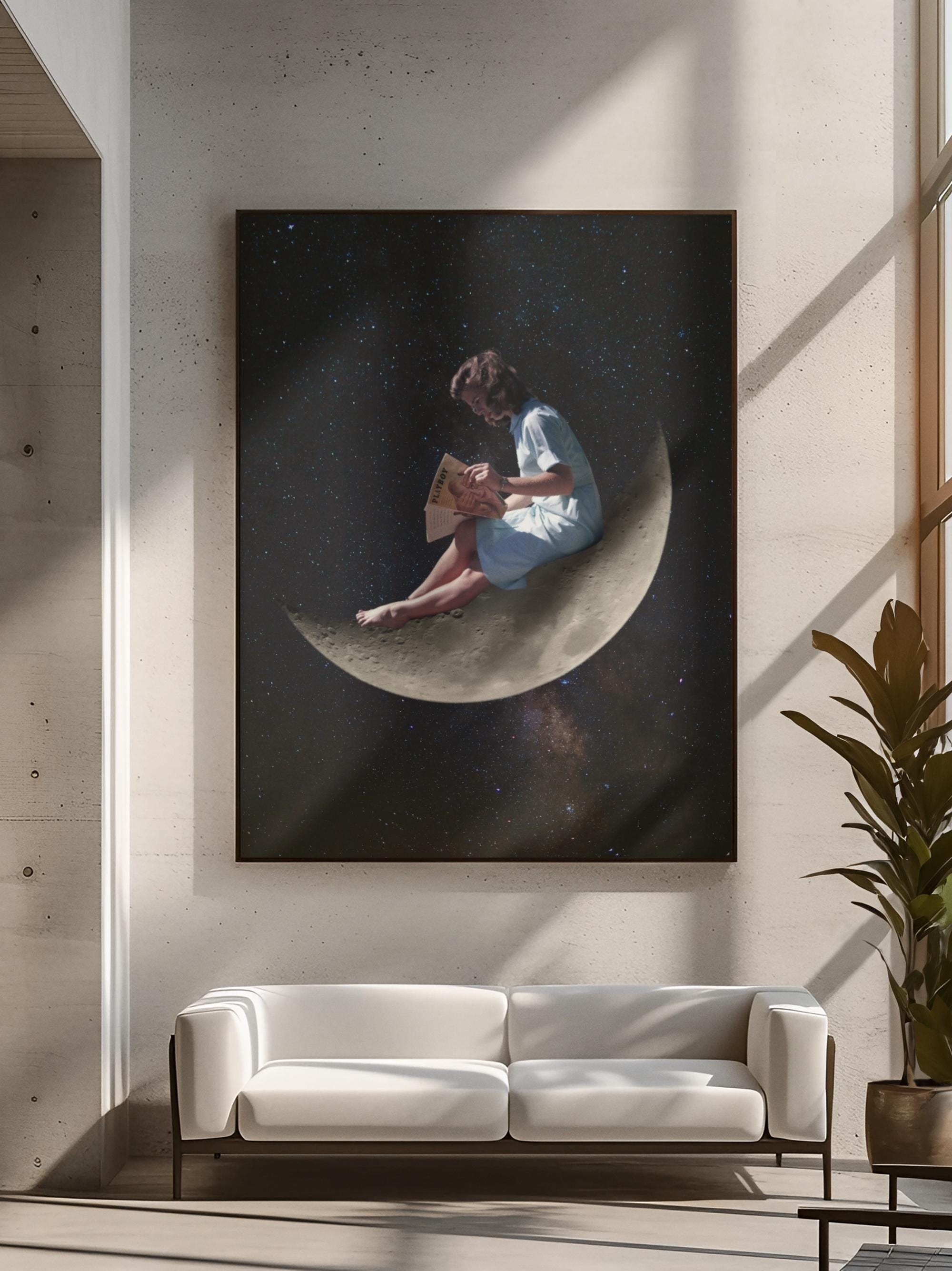 1950s Vintage Surreal Collage Art Woman Reading Playboy on the Moon ...