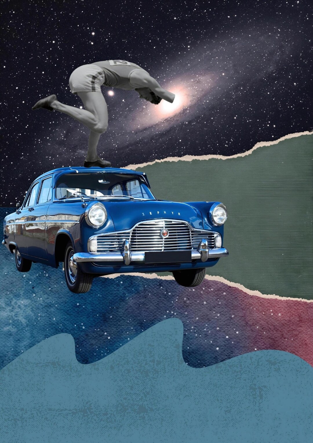 Surreal Car in Space Collage Vintage Male Athlete Retro-futuristic Art ...
