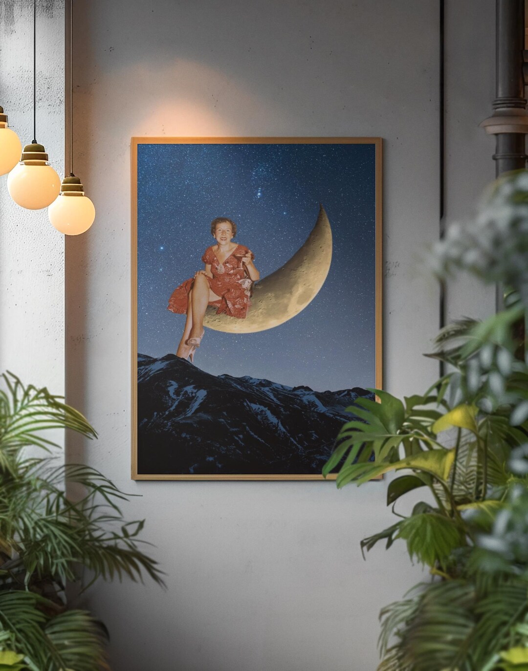 Surreal Moon Collage Art, Vintage Woman Print, Celestial Wall Decor ...