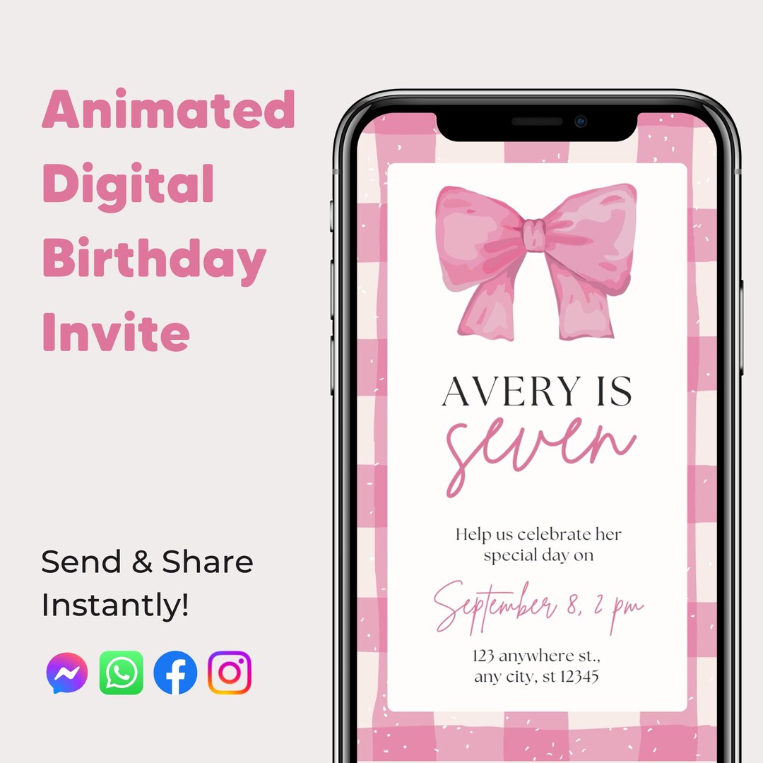 Editable Pink Bow 7th Birthday E-vite, Animated Digital Invitation ...
