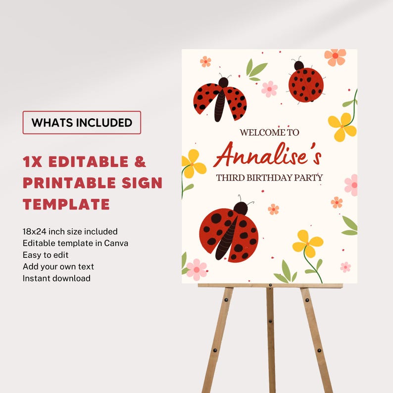 Editable Ladybug Birthday Sign, 18x24 Red & Yellow Floral, Ladybug ...