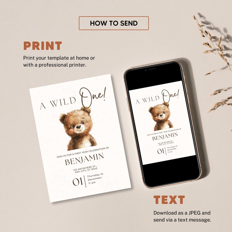 Editable Bear 1st Birthday Invitation, Wild One Bear Party, Woodland ...