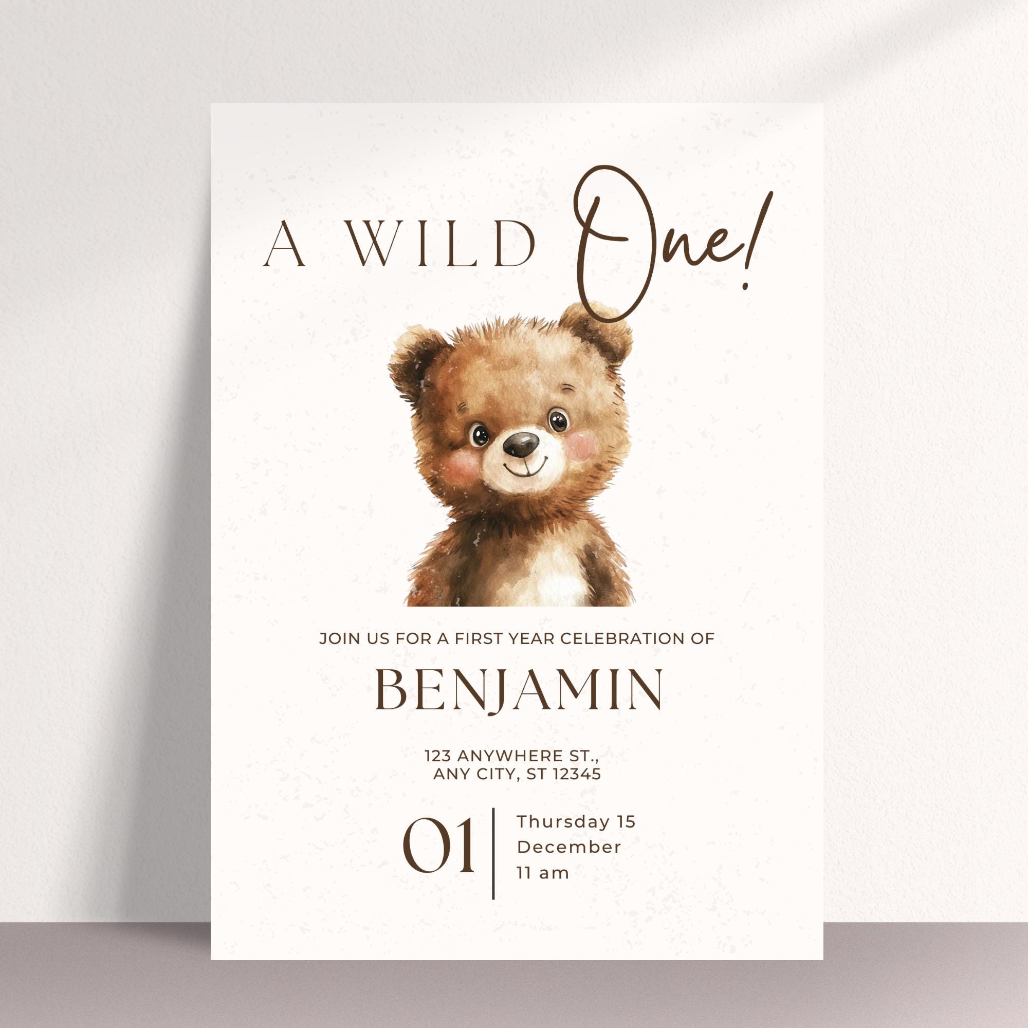 Editable Bear 1st Birthday Invitation, Wild One Bear Party, Woodland ...