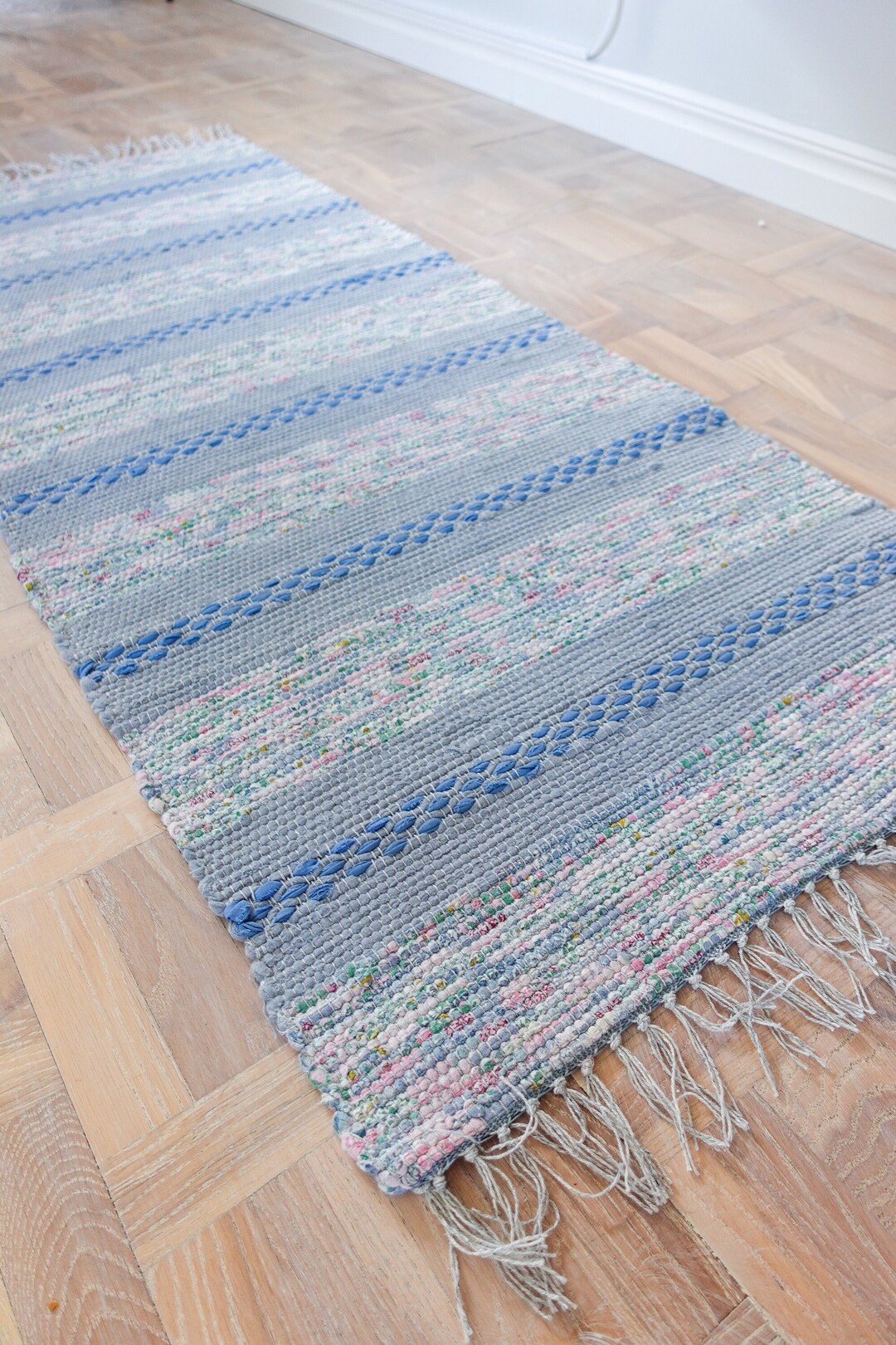 Blue Rag Rug, 1970s Vintage Handwoven, Calm Neutral Scandinavian Home ...