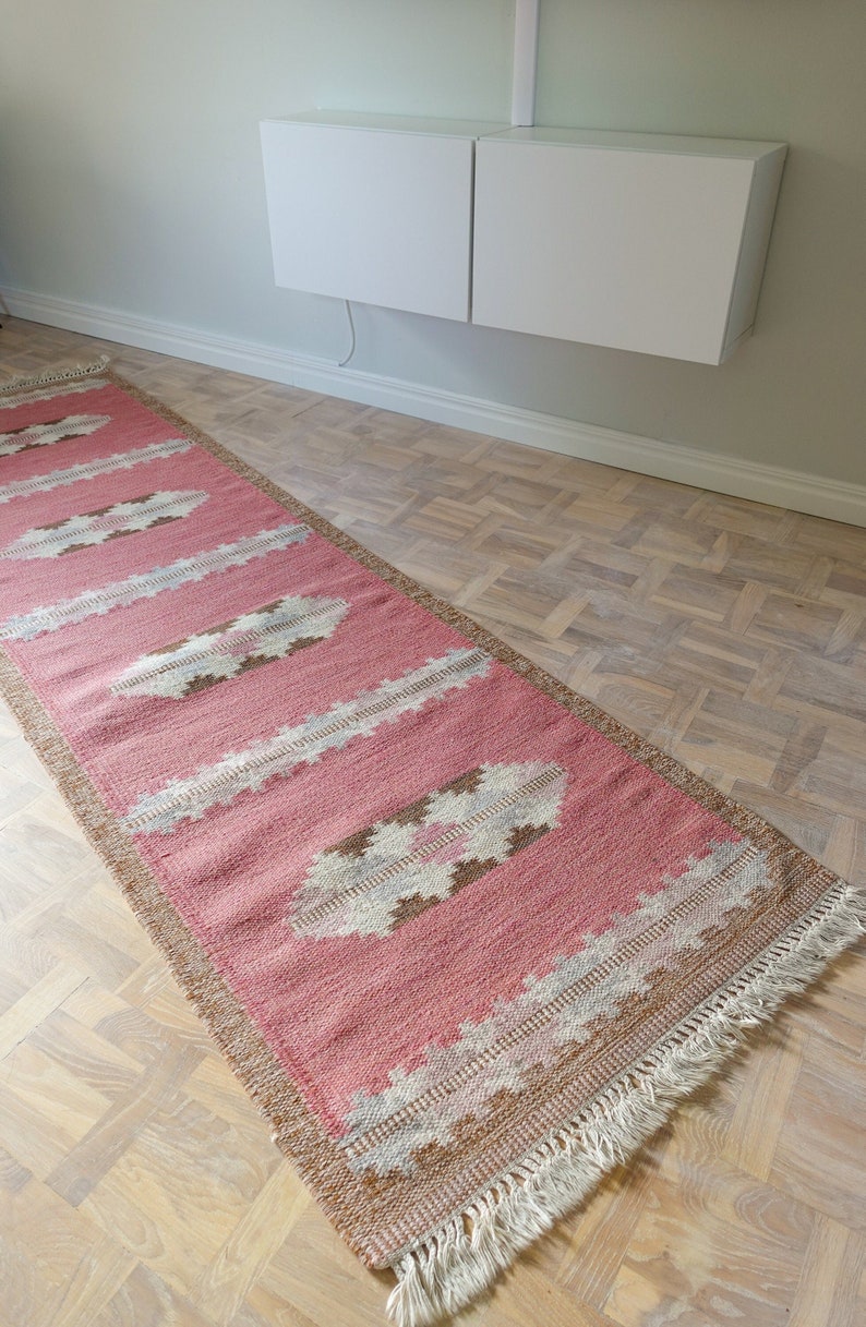 Pink Vintage Swedish Flat Weave Rug, Scandi Handwoven Röllakan, Artisan ...