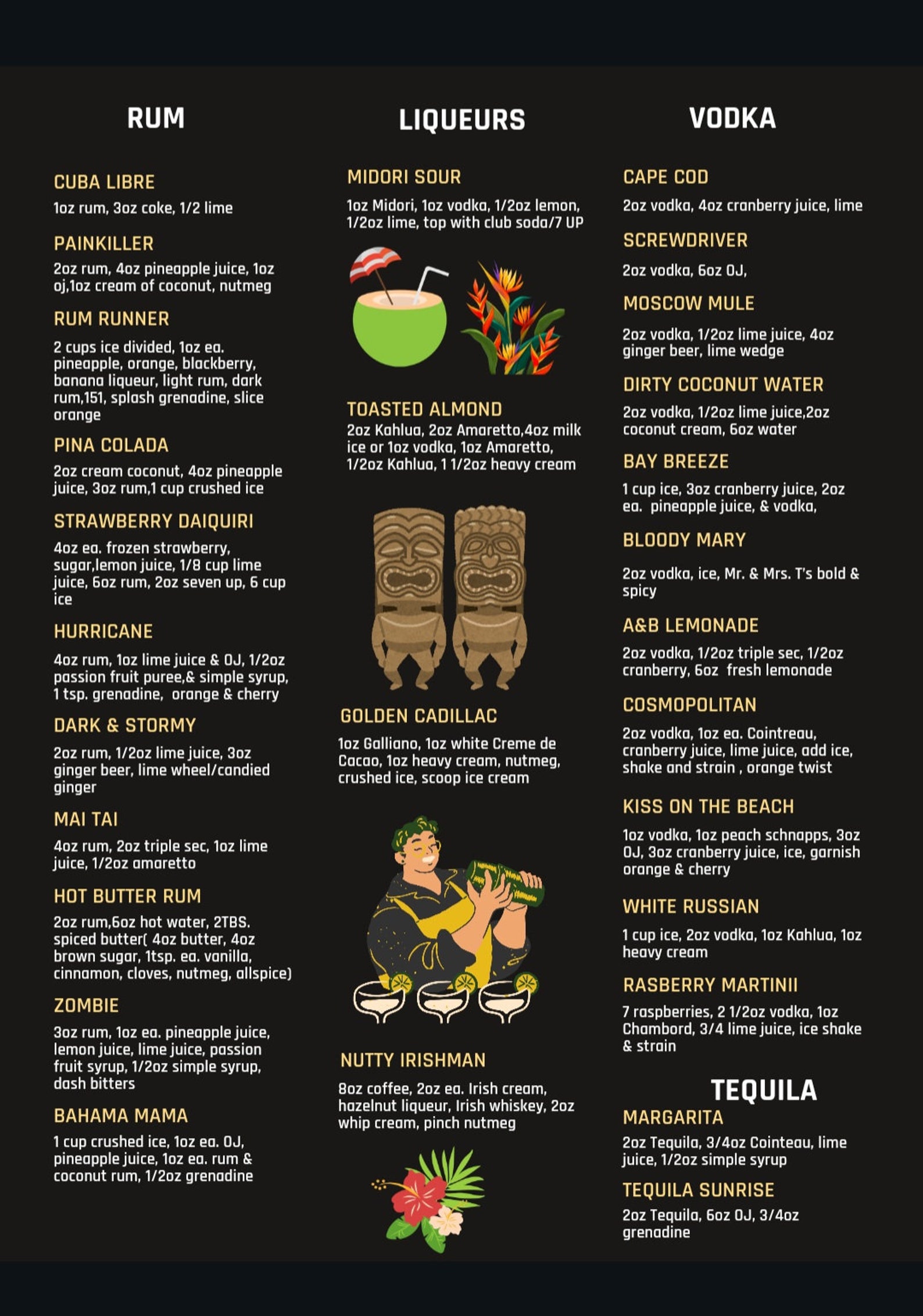 Classic Cocktail Menu With Recipes Included. 45 Drink Recipes on Double Sided Menu, Front and ...