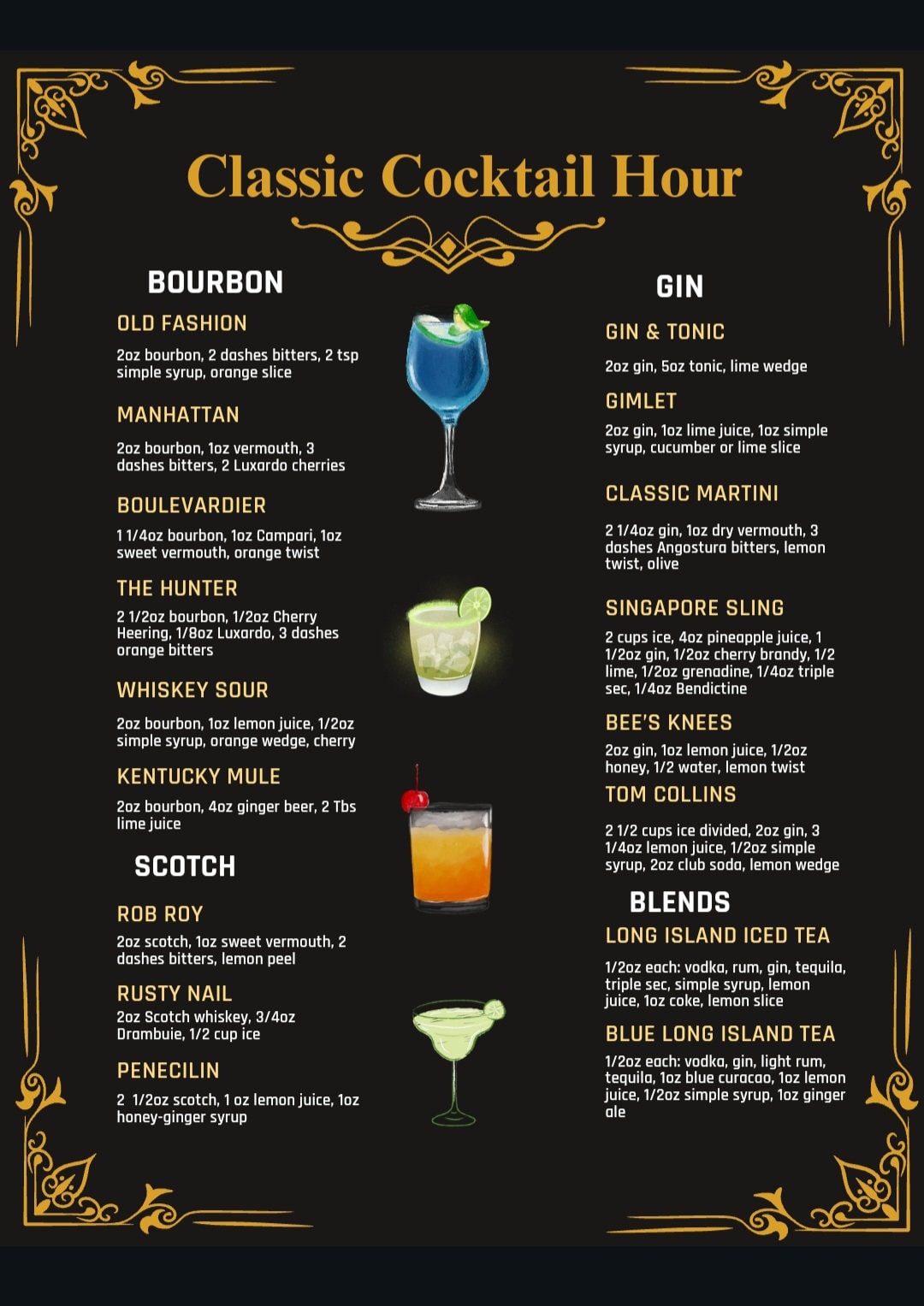 Classic Cocktail Menu With Recipes Included. 45 Drink Recipes on Double ...