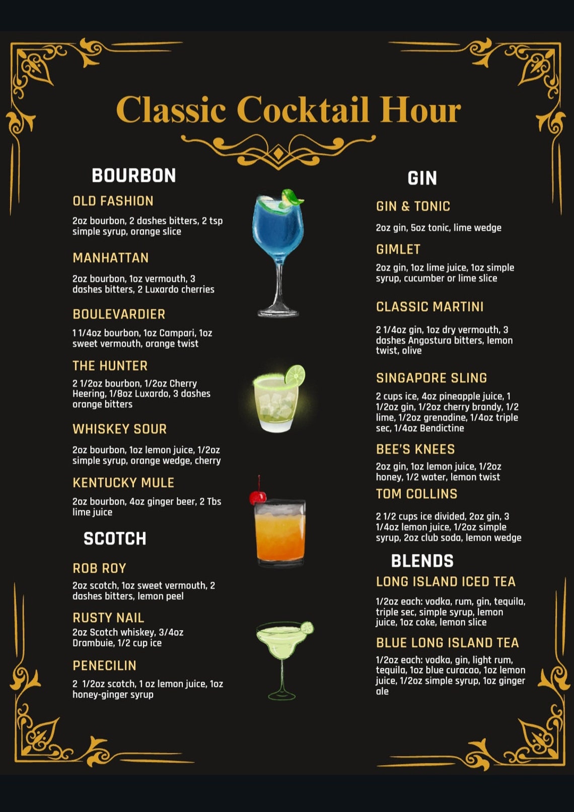 Classic Cocktail Menu With Recipes Included. 45 Drink Recipes on Double ...