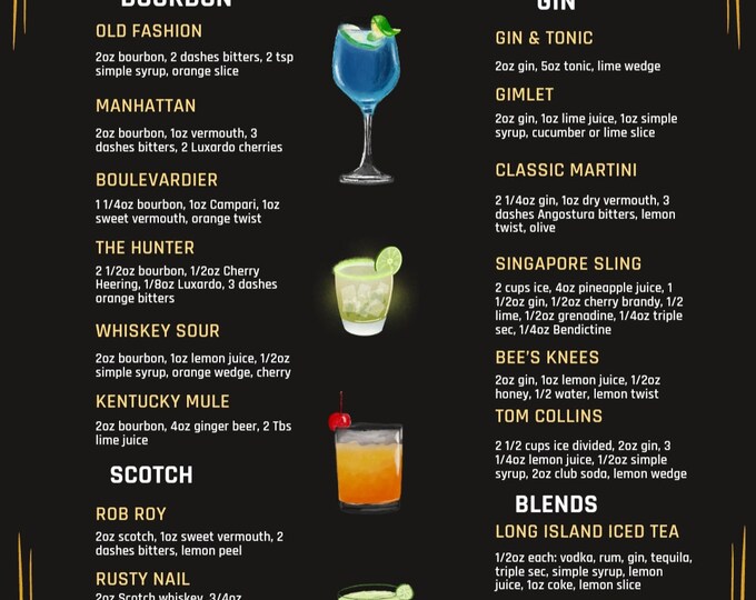 Classic Cocktail Menu With Recipes Included. 45 Drink Recipes on Double ...