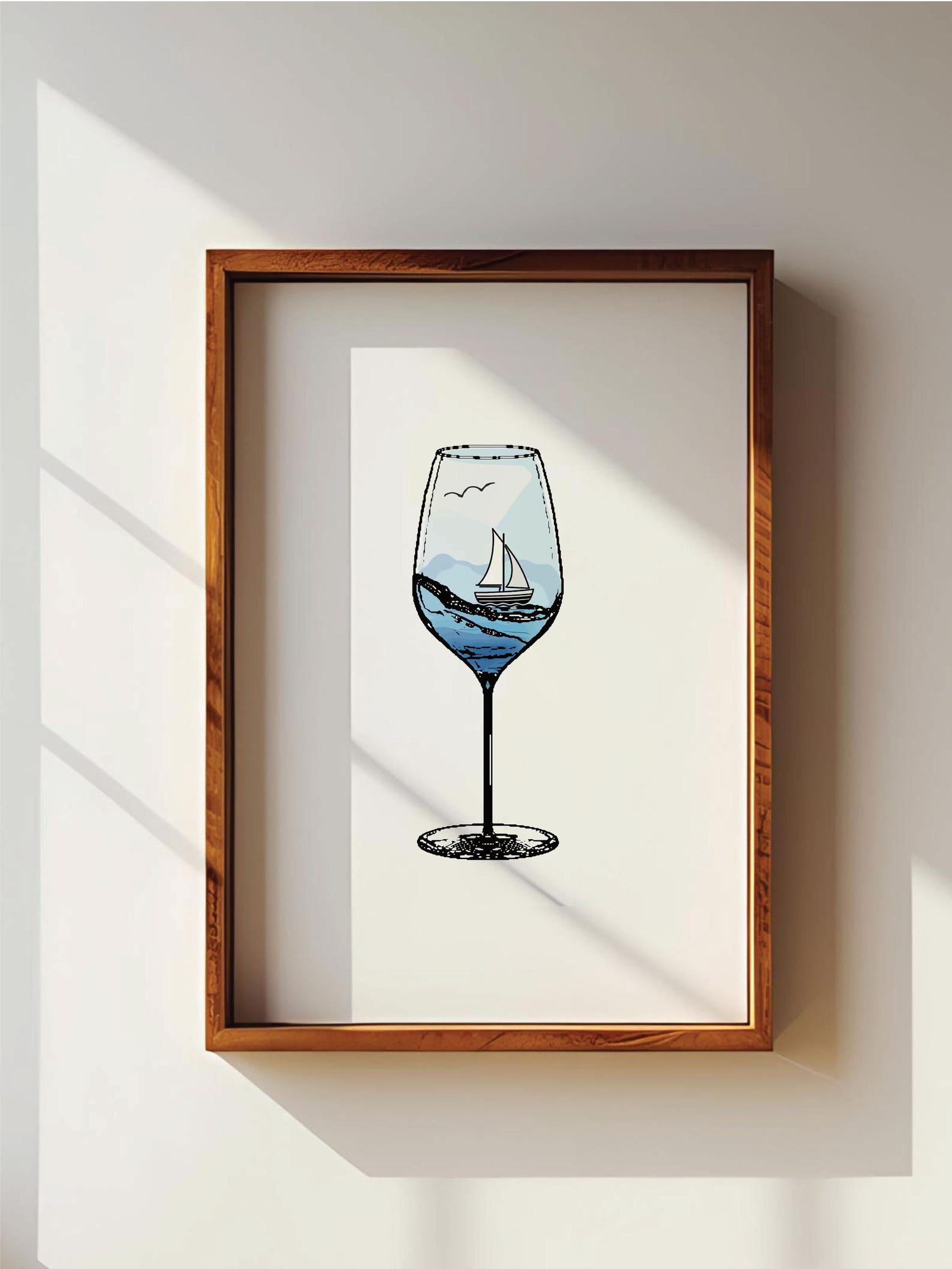 Boat in Glass Drawing Print Sea Ship Wine Glass Wall Art Nautical Ocean ...