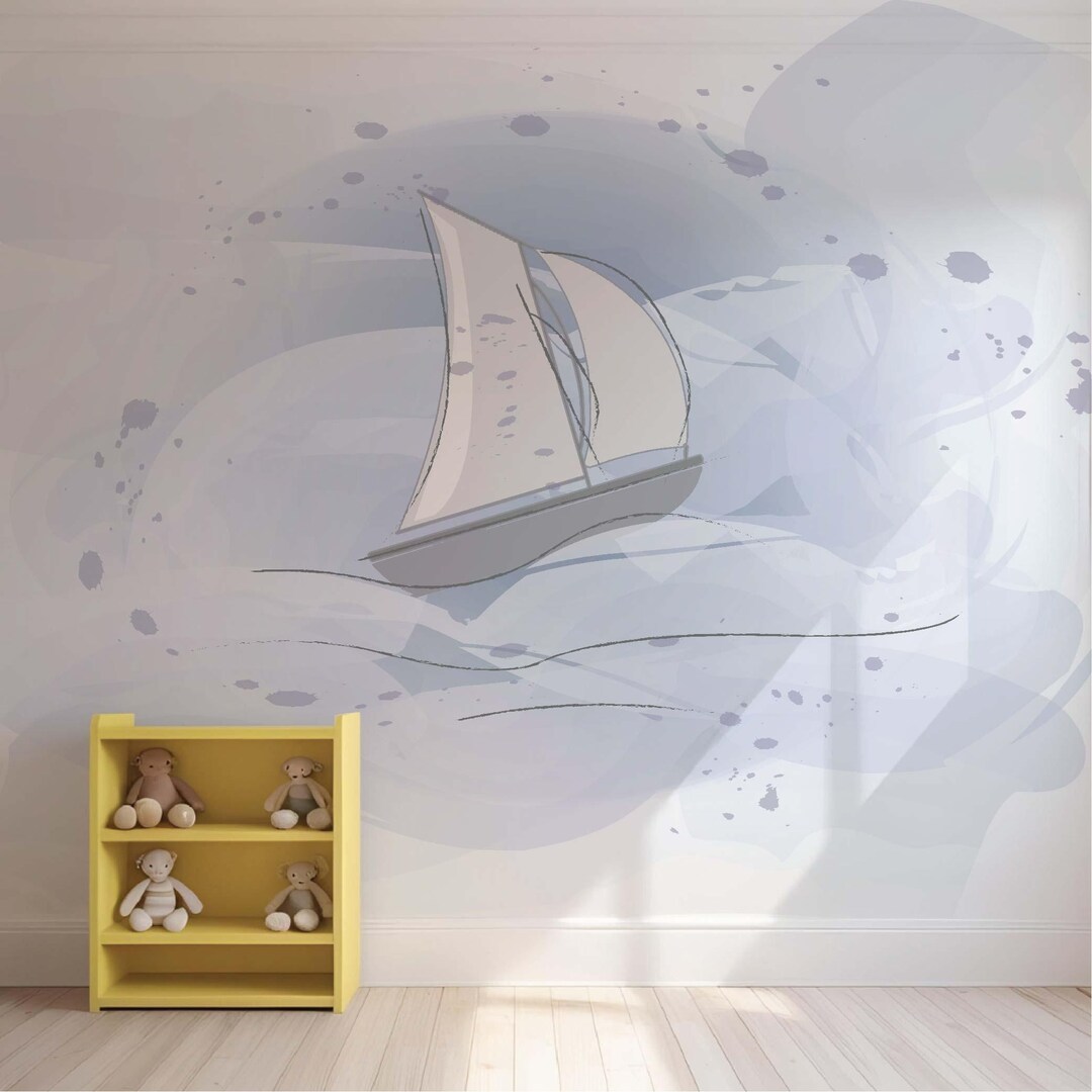Watercolor Boat Mural in Blue Storm Wall Decor - Etsy